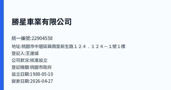 勝星車業有限公司的照片-統編 22904558(桃園市) 公司登記資料與營業項目詳細圖表
