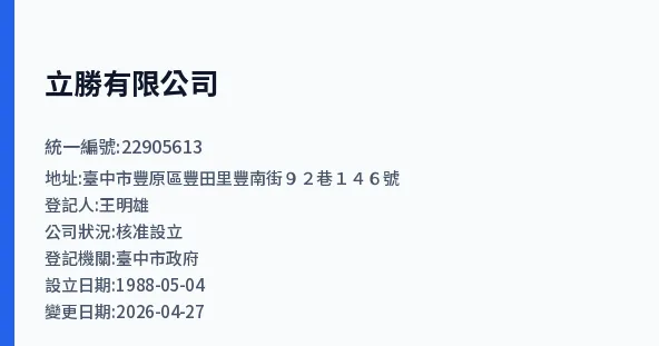 立勝有限公司的照片-統編 22905613(臺中市) 公司登記資料與營業項目詳細圖表