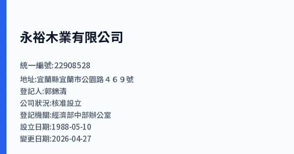 永裕木業有限公司的照片-統編 22908528(宜蘭縣) 公司登記資料與營業項目詳細圖表