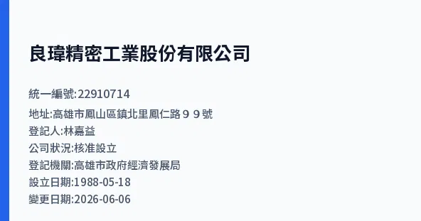 良瑋精密工業股份有限公司的照片-統編 22910714(高雄市) 公司登記資料與營業項目詳細圖表