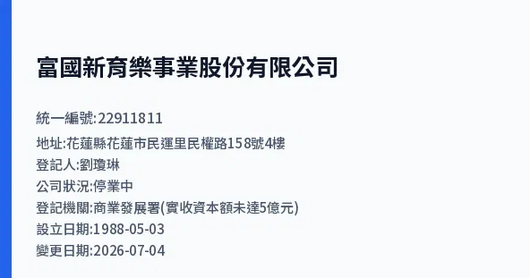 富國新育樂事業股份有限公司的照片-統編 22911811(花蓮縣) 公司登記資料與營業項目詳細圖表