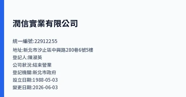 潤信實業有限公司的照片-統編 22912255(新北市) 公司登記資料與營業項目詳細圖表