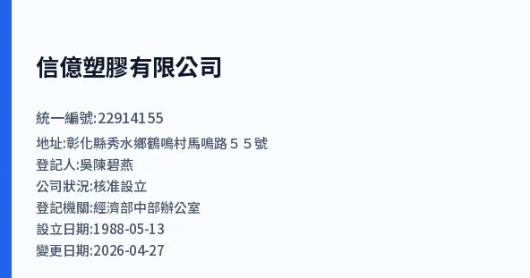 信億塑膠有限公司的照片-統編 22914155(彰化縣) 公司登記資料與營業項目詳細圖表