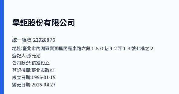 學鉅股份有限公司的照片-統編 22928876(臺北市) 公司登記資料與營業項目詳細圖表