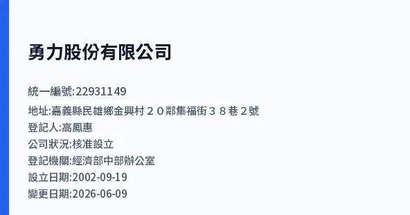 勇力股份有限公司的照片-統編 22931149(嘉義縣) 公司登記資料與營業項目詳細圖表