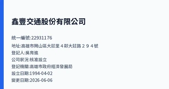 鑫豐交通股份有限公司的照片-統編 22931176(高雄市) 公司登記資料與營業項目詳細圖表