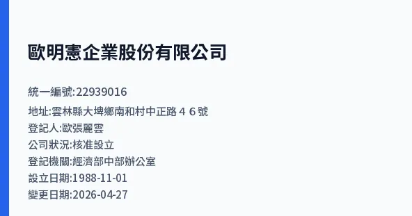 歐明憲企業股份有限公司的照片-統編 22939016(雲林縣) 公司登記資料與營業項目詳細圖表