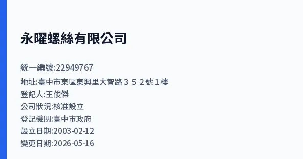 永曜螺絲有限公司的照片-統編 22949767(臺中市) 公司登記資料與營業項目詳細圖表