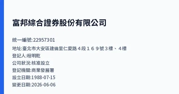 富邦綜合證券股份有限公司的照片-統編 22957301(臺北市) 公司登記資料與營業項目詳細圖表