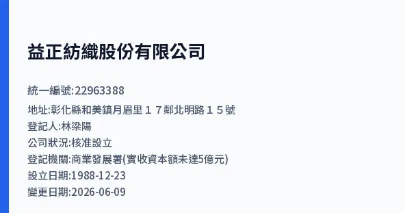 益正紡織股份有限公司的照片-統編 22963388(彰化縣) 公司登記資料與營業項目詳細圖表
