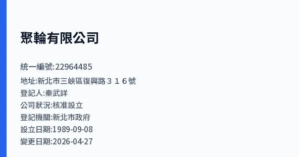 聚輪有限公司的照片-統編 22964485(新北市) 公司登記資料與營業項目詳細圖表