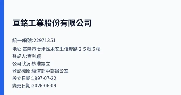 亘銘工業股份有限公司的照片-統編 22971351(基隆市) 公司登記資料與營業項目詳細圖表