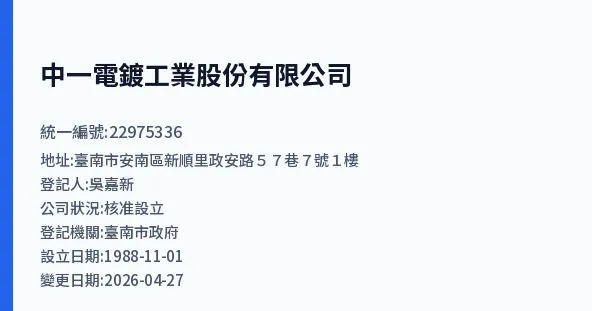 中一電鍍工業股份有限公司的照片-統編 22975336(臺南市) 公司登記資料與營業項目詳細圖表