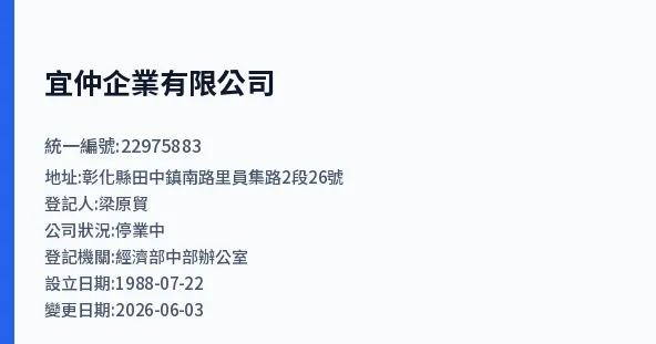 宜仲企業有限公司的照片-統編 22975883(彰化縣) 公司登記資料與營業項目詳細圖表