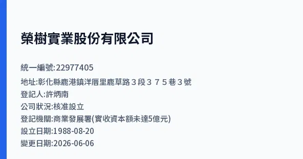 榮樹實業股份有限公司的照片-統編 22977405(彰化縣) 公司登記資料與營業項目詳細圖表
