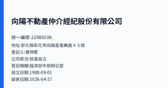 向陽不動產仲介經紀股份有限公司的照片-統編 22980106(彰化縣) 公司登記資料與營業項目詳細圖表