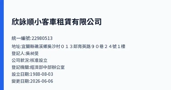 欣詠順小客車租賃有限公司的照片-統編 22980513(宜蘭縣) 公司登記資料與營業項目詳細圖表