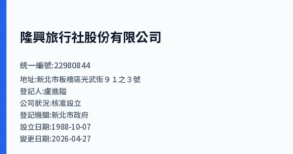 隆興旅行社股份有限公司的照片-統編 22980844(新北市) 公司登記資料與營業項目詳細圖表