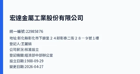宏達金屬工業股份有限公司的照片-統編 22985876(彰化縣) 公司登記資料與營業項目詳細圖表