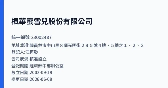楓華蜜雪兒股份有限公司的照片-統編 23002487(彰化縣) 公司登記資料與營業項目詳細圖表