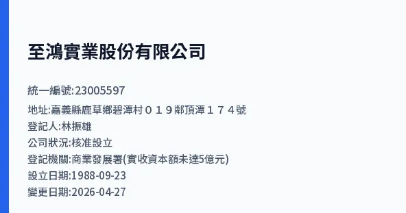至鴻實業股份有限公司的照片-統編 23005597(嘉義縣) 公司登記資料與營業項目詳細圖表