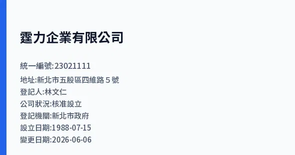 霆力企業有限公司的照片-統編 23021111(新北市) 公司登記資料與營業項目詳細圖表