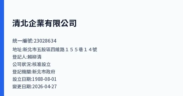 清北企業有限公司的照片-統編 23028634(新北市) 公司登記資料與營業項目詳細圖表