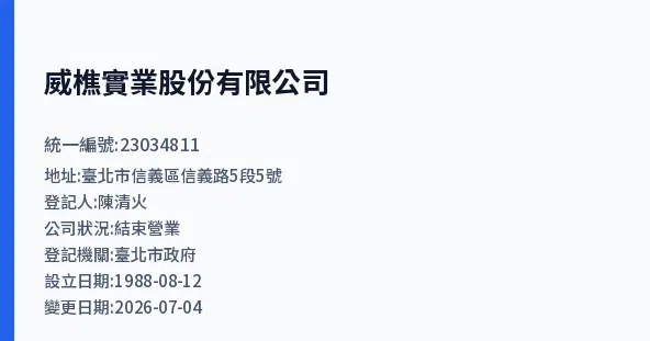 威樵實業股份有限公司的照片-統編 23034811(臺北市) 公司登記資料與營業項目詳細圖表