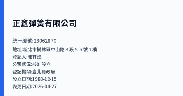 正鑫彈簧有限公司的照片-統編 23062870(新北市) 公司登記資料與營業項目詳細圖表