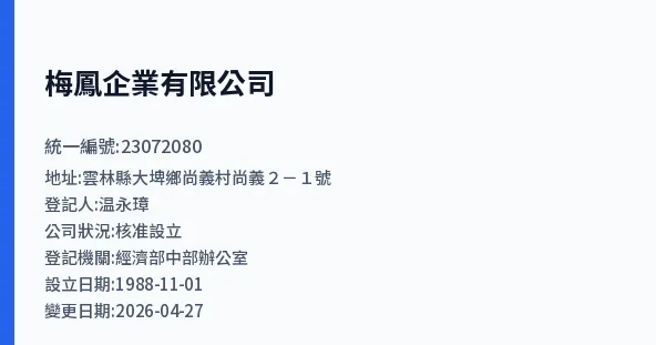 梅鳳企業有限公司的照片-統編 23072080(雲林縣) 公司登記資料與營業項目詳細圖表