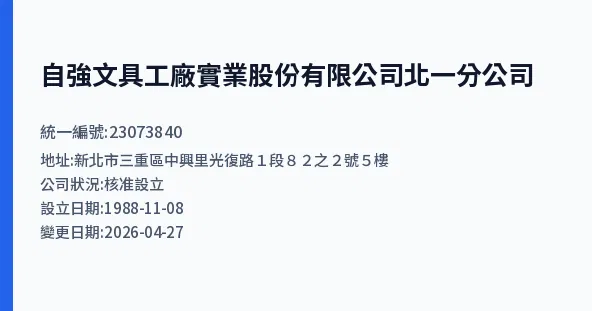 自強文具工廠實業股份有限公司北一分公司的照片-統編 23073840(新北市) 公司登記資料與營業項目詳細圖表