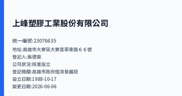 上峰塑膠工業股份有限公司的照片-統編 23076635(高雄市) 公司登記資料與營業項目詳細圖表