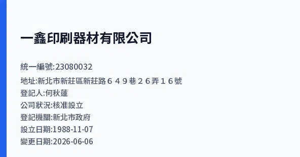 一鑫印刷器材有限公司的照片-統編 23080032(新北市) 公司登記資料與營業項目詳細圖表