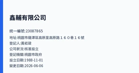 鑫輔有限公司的照片-統編 23087865(桃園市) 公司登記資料與營業項目詳細圖表