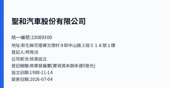 聖和汽車股份有限公司的照片-統編 23089300(彰化縣) 公司登記資料與營業項目詳細圖表