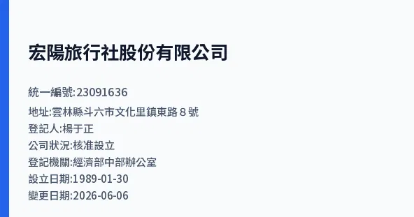 宏陽旅行社股份有限公司的照片-統編 23091636(雲林縣) 公司登記資料與營業項目詳細圖表
