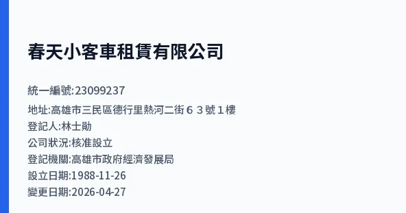春天小客車租賃有限公司的照片-統編 23099237(高雄市) 公司登記資料與營業項目詳細圖表