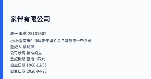 家伴有限公司的照片-統編 23101682(臺南市) 公司登記資料與營業項目詳細圖表