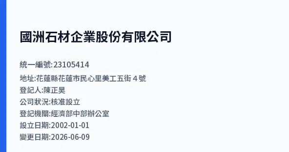 國洲石材企業股份有限公司的照片-統編 23105414(花蓮縣) 公司登記資料與營業項目詳細圖表