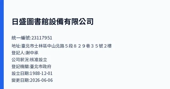 日盛圖書館設備有限公司的照片-統編 23117951(臺北市) 公司登記資料與營業項目詳細圖表