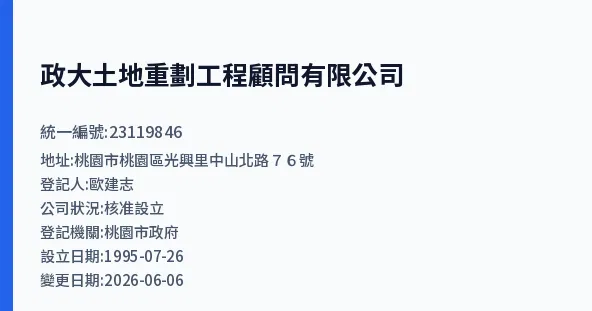 政大土地重劃工程顧問有限公司的照片-統編 23119846(桃園市) 公司登記資料與營業項目詳細圖表