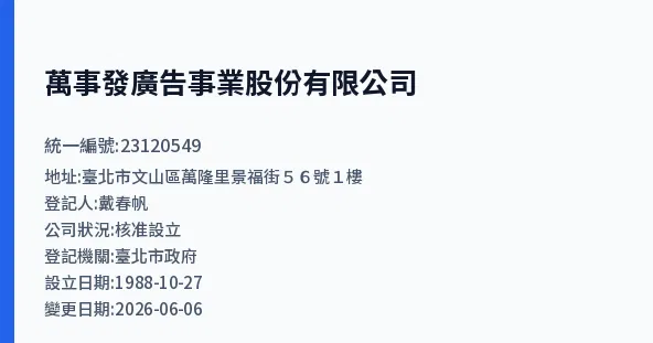 萬事發廣告事業股份有限公司的照片-統編 23120549(臺北市) 公司登記資料與營業項目詳細圖表