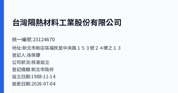 台灣隔熱材料工業股份有限公司的照片-統編 23124670(新北市) 公司登記資料與營業項目詳細圖表