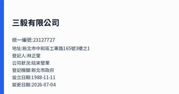 三毅有限公司的照片-統編 23127727(新北市) 公司登記資料與營業項目詳細圖表