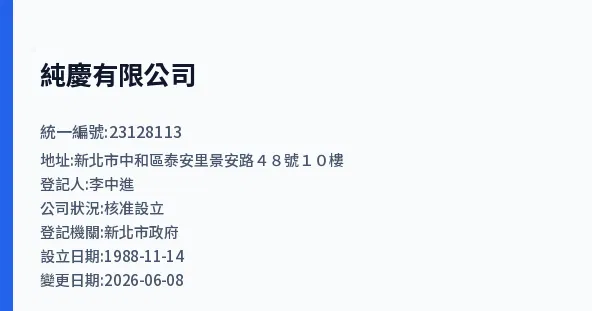 純慶有限公司的照片-統編 23128113(新北市) 公司登記資料與營業項目詳細圖表