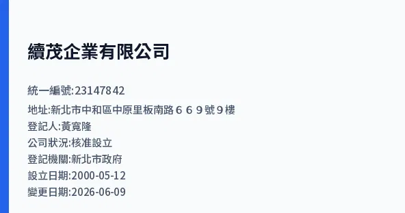 續茂企業有限公司的照片-統編 23147842(新北市) 公司登記資料與營業項目詳細圖表