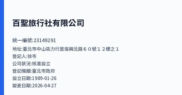 百聖旅行社有限公司的照片-統編 23149291(臺北市) 公司登記資料與營業項目詳細圖表