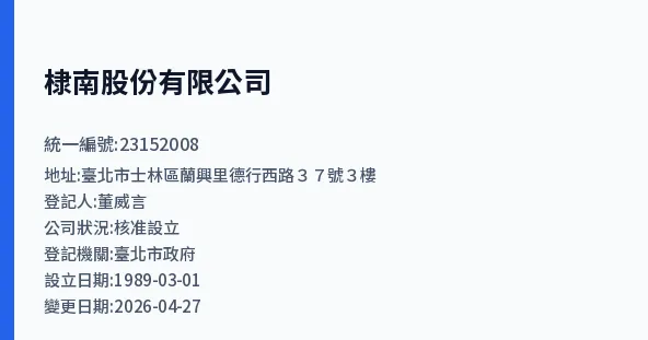 棣南股份有限公司的照片-統編 23152008(臺北市) 公司登記資料與營業項目詳細圖表