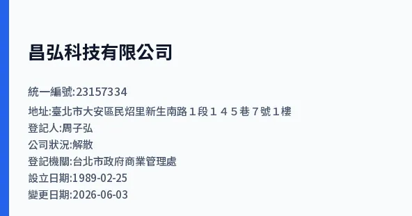 昌弘科技有限公司的照片-統編 23157334(臺北市) 公司登記資料與營業項目詳細圖表