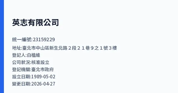 英志有限公司的照片-統編 23159229(臺北市) 公司登記資料與營業項目詳細圖表